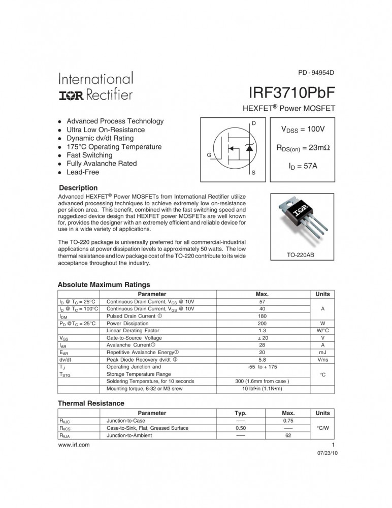 IRF3710PBF datasheet page 1
