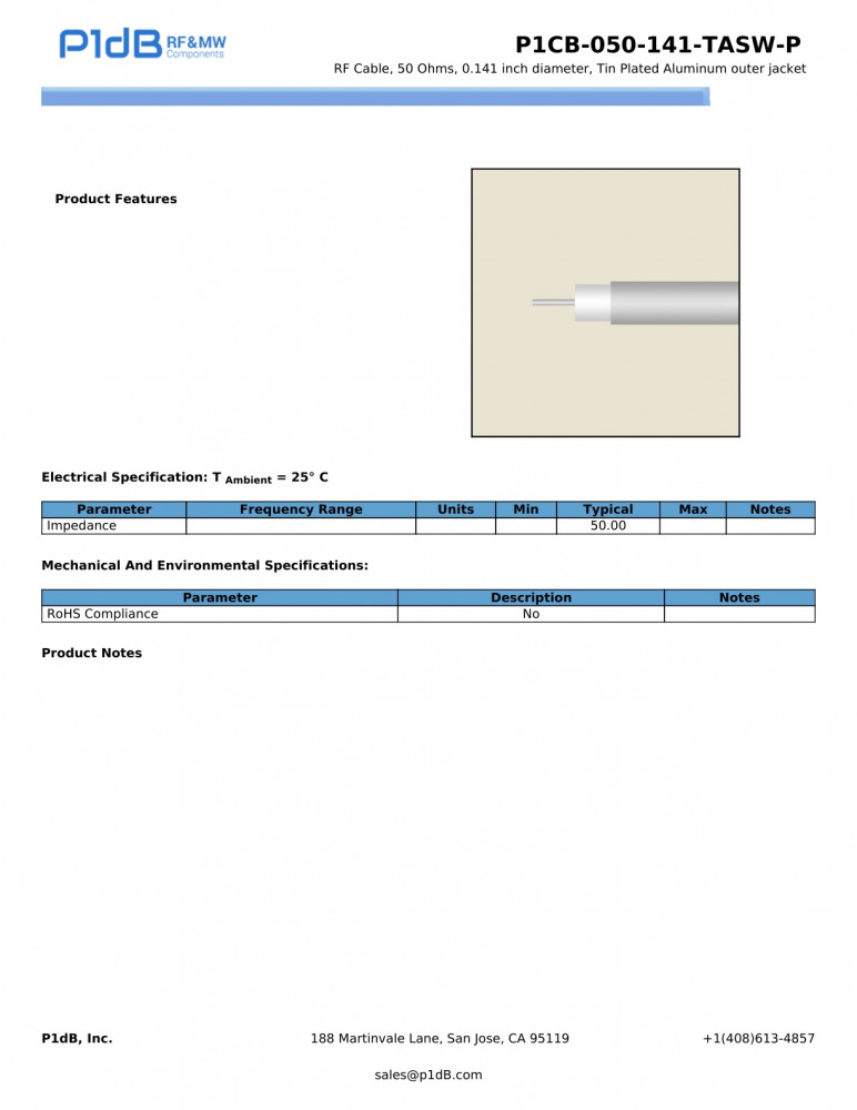 Product documentation preview for P1CB-050-141-TASW-P