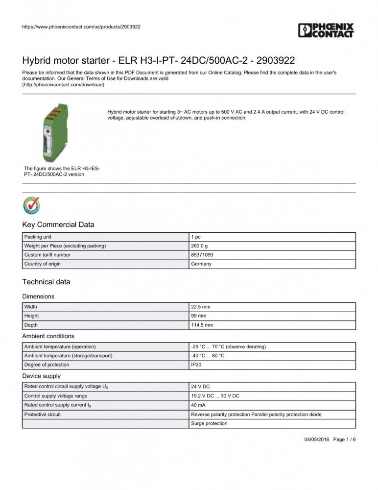 Phoenix Contact 2903922 technical document page 1