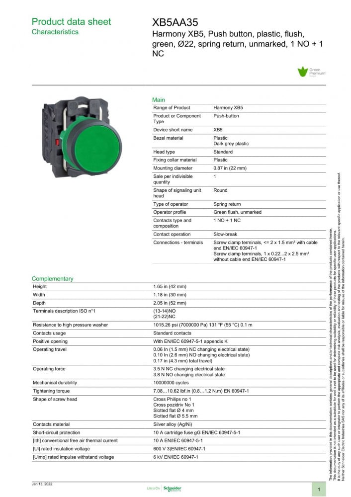 XB5AA35 technical document page 1