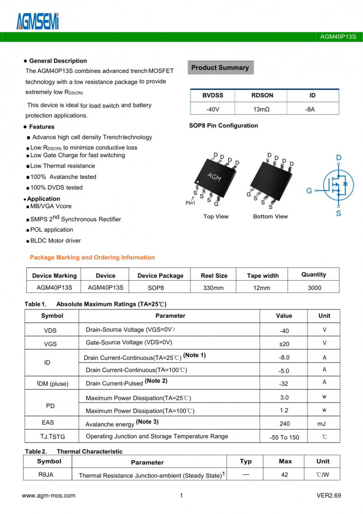 AGM40P13S datasheet page 1