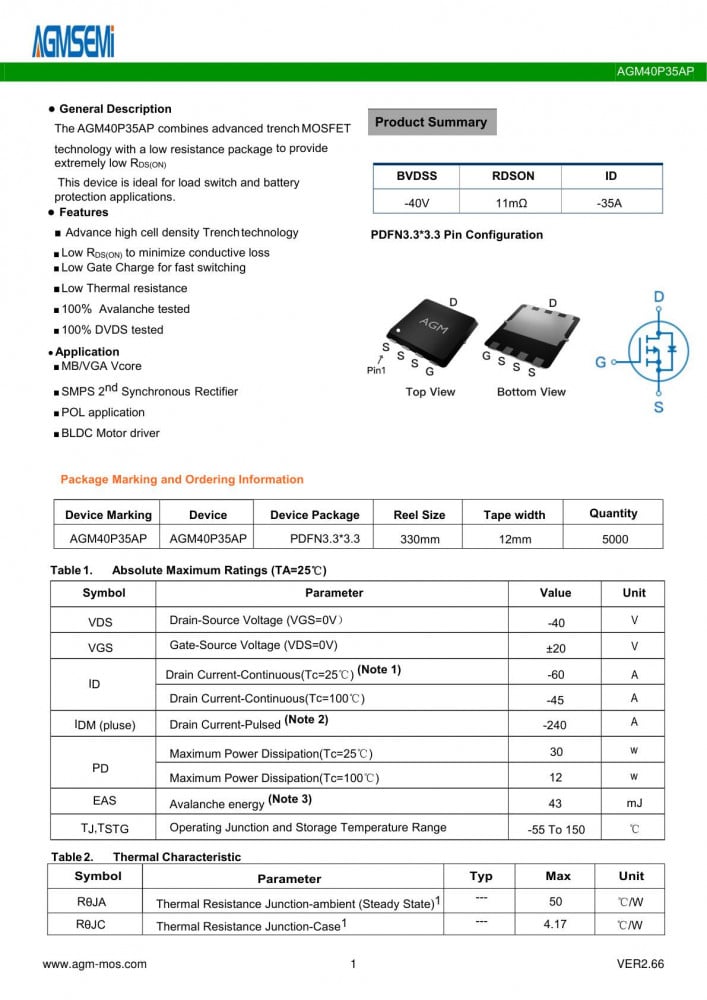 AGM40P35AP datasheet page 1