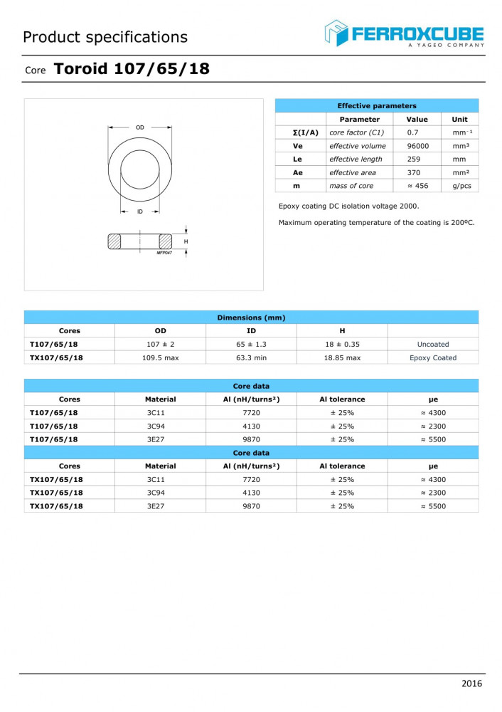 Technical document image for the FERROXCUBE T107/65/18 ferrite toroidal core