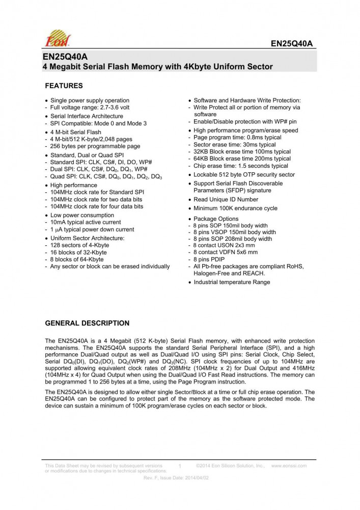 EN25Q40A datasheet page 1