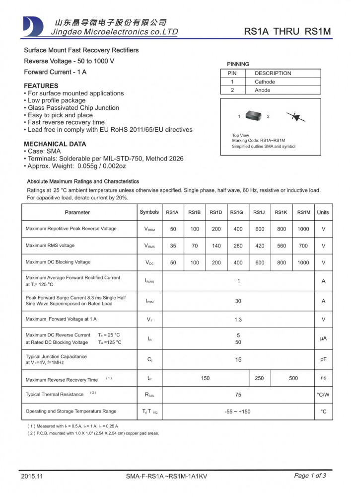 RS1A datasheet page 1