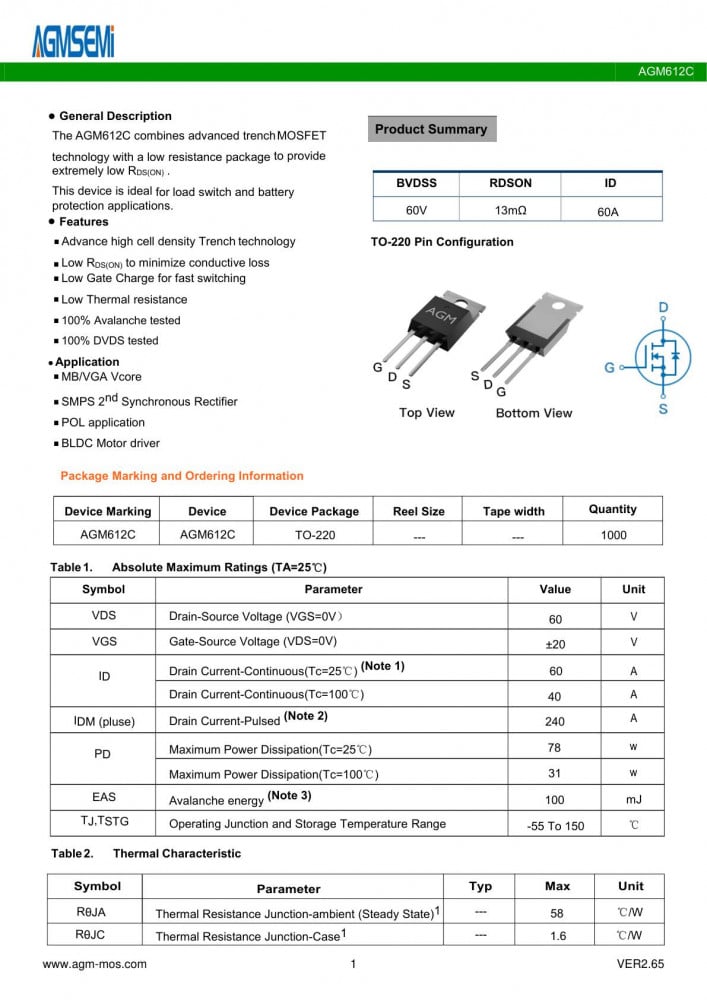 AGM612C datasheet page 1