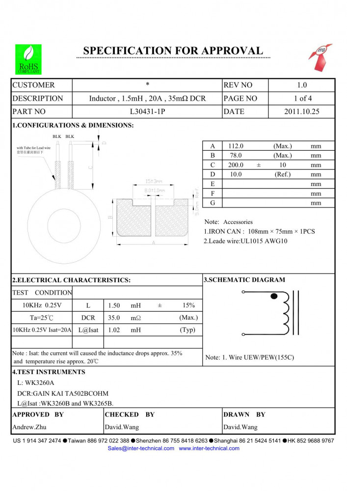 L30431-1P specification sheet, page 1