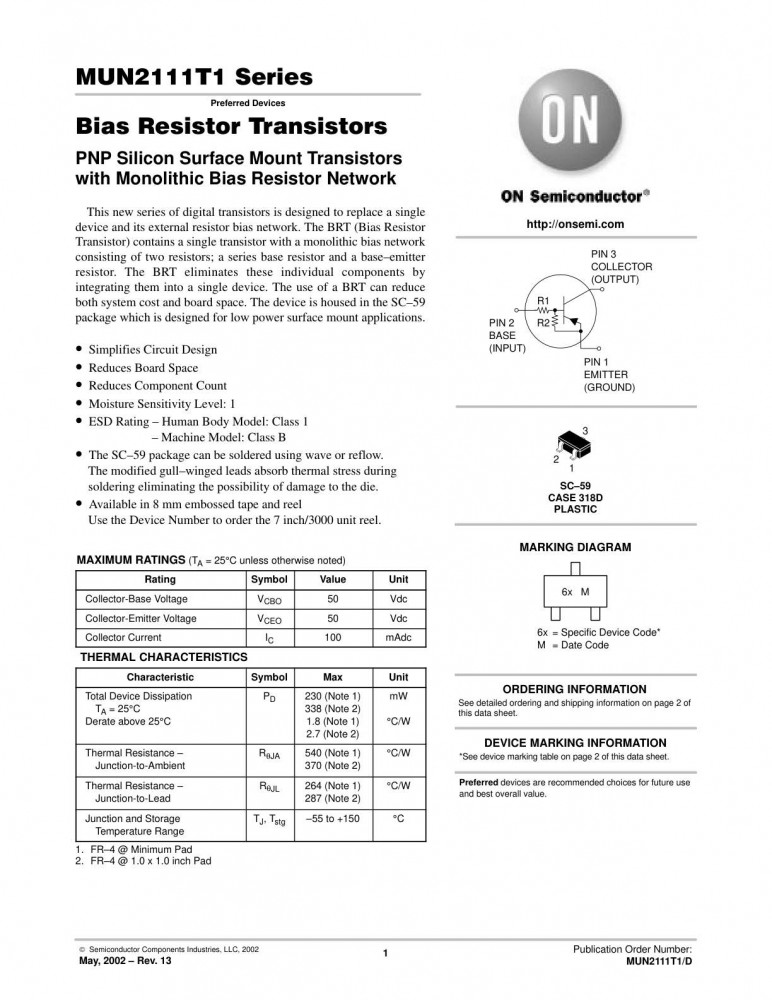 MUN2113T1 datasheet page 1