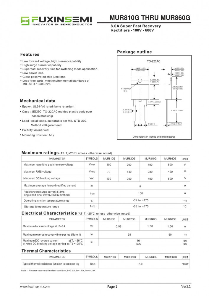 MUR860G datasheet page 1