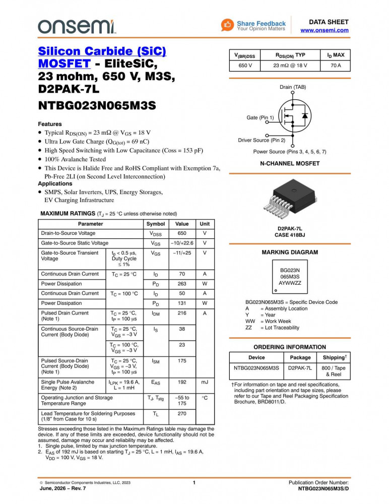 NTBG023N065M3S datasheet page 1