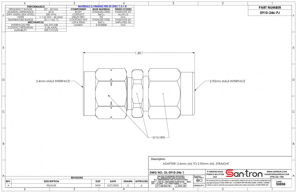 SAN-TRON 0910-246-PJ product drawing and specification image