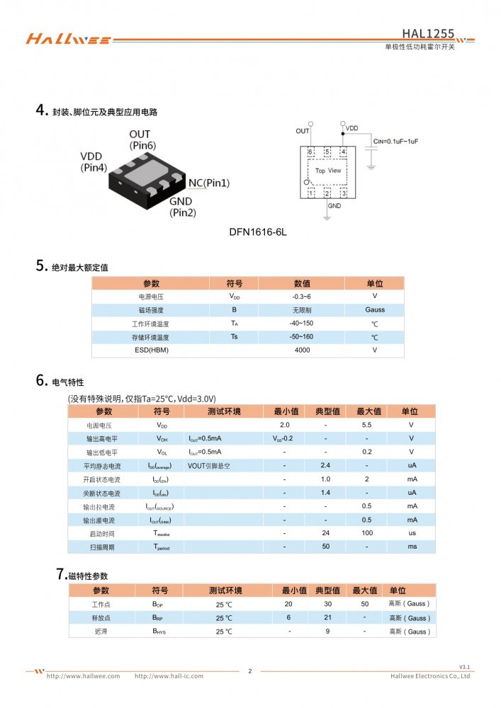 HAL1255SSW technical document page 2
