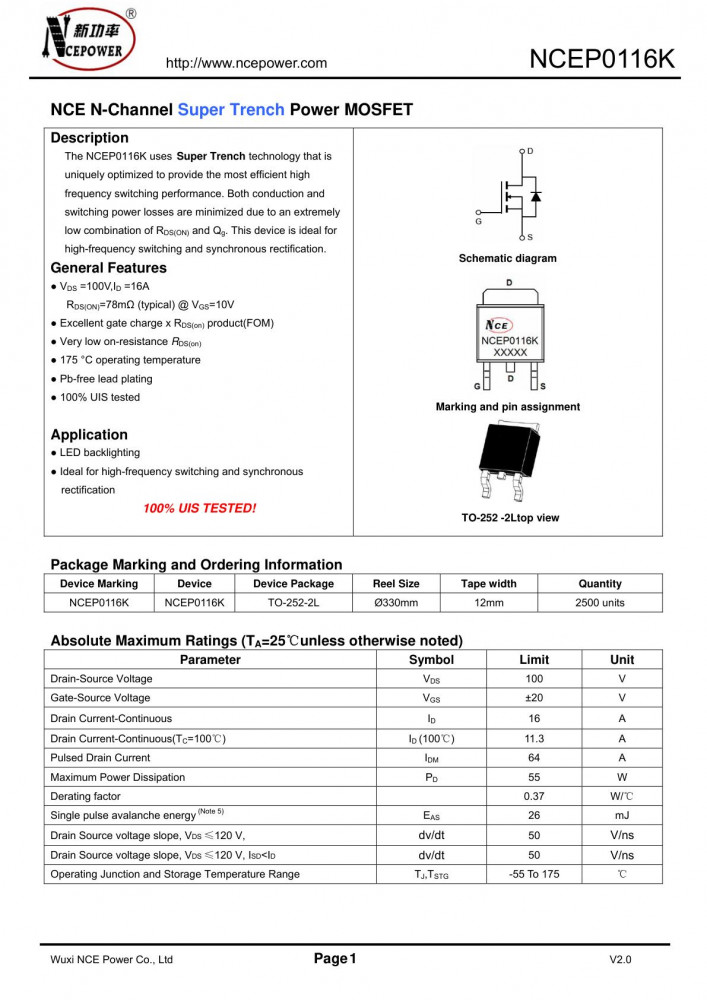 NCEP0116K datasheet page 1