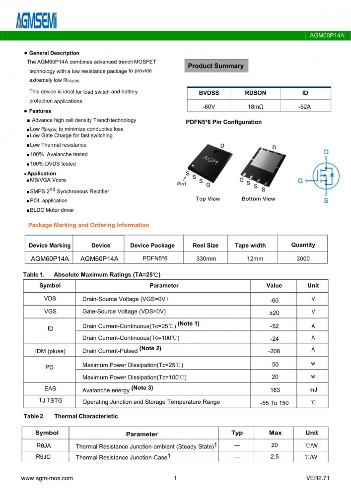 AGM60P14A datasheet page 1
