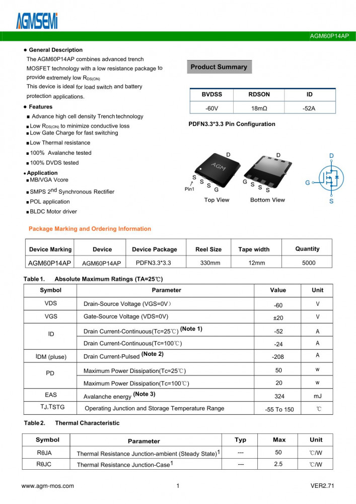 AGM60P14AP datasheet page 1