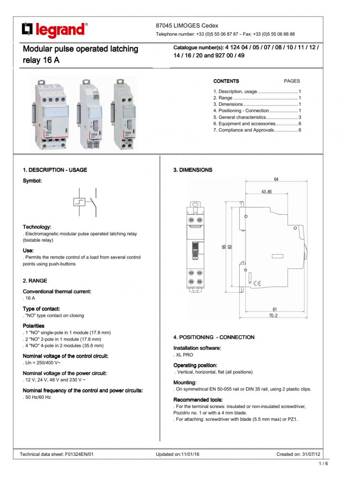 Legrand latching relay technical document, page 1