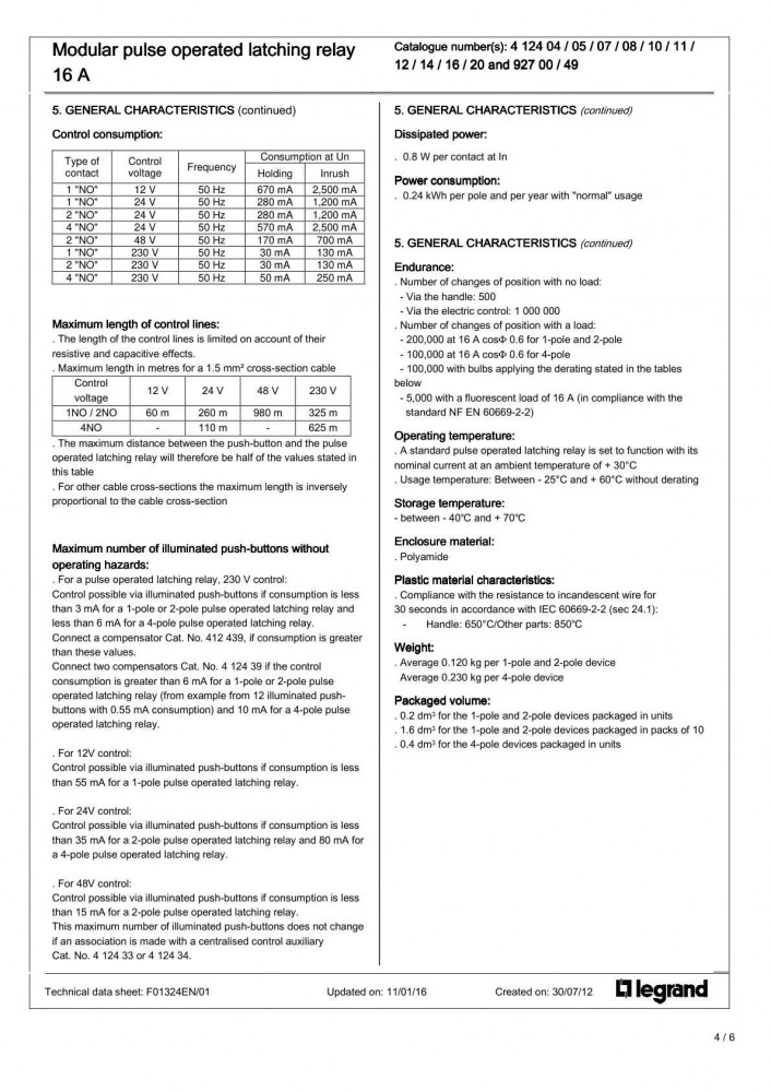 Legrand latching relay technical document, page 4