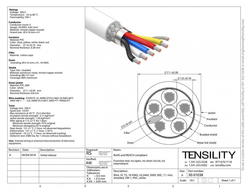 Tensility International 30-01038 cable specification drawing