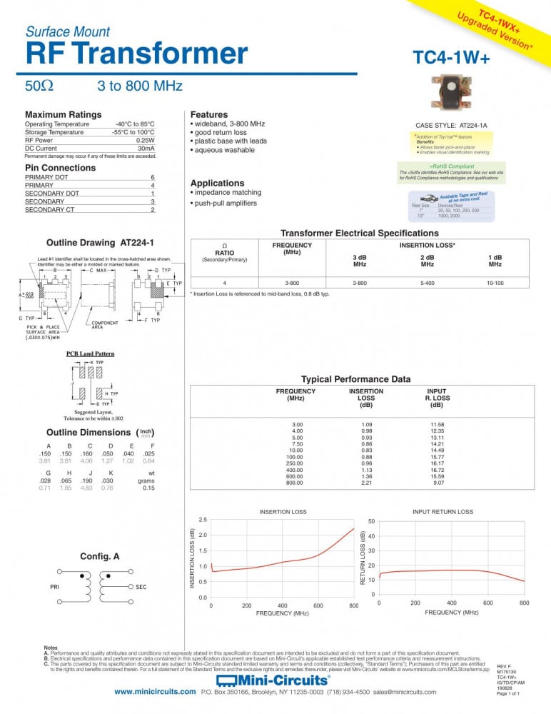 Mini-Circuits TC4-1W+ technical datasheet page