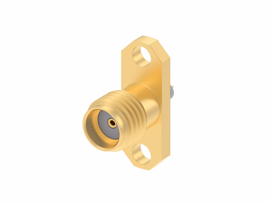 SMA Jack, Straight, 2-Hole Flange Mount, Candlestick Contact, 4.56mm Length, Brass Body, Gold (Au) Plated, One Piece Per Bag, 50 Ohms for sale