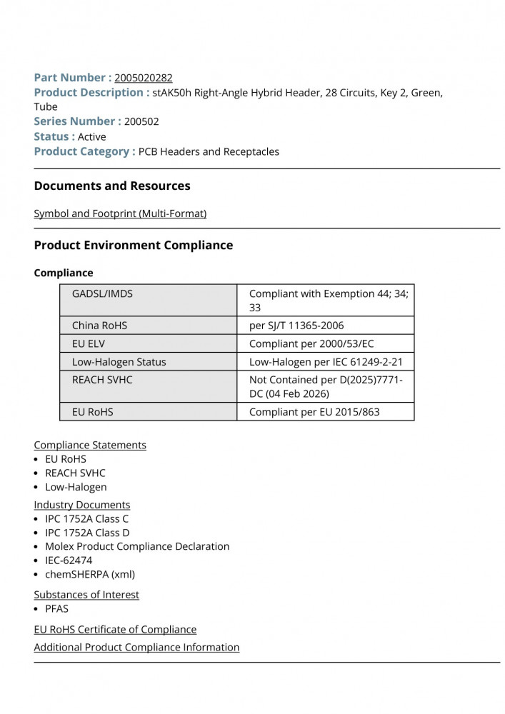 Technical document page 1 for MOLEX 2005020282