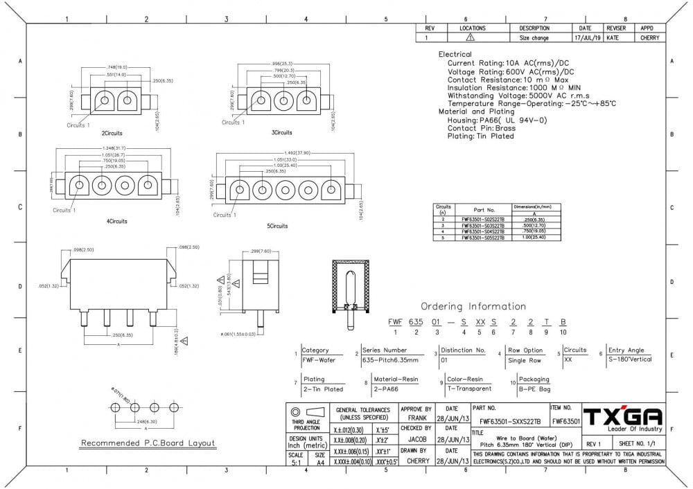 TXGA FWF63501-S04S22TB technical drawing