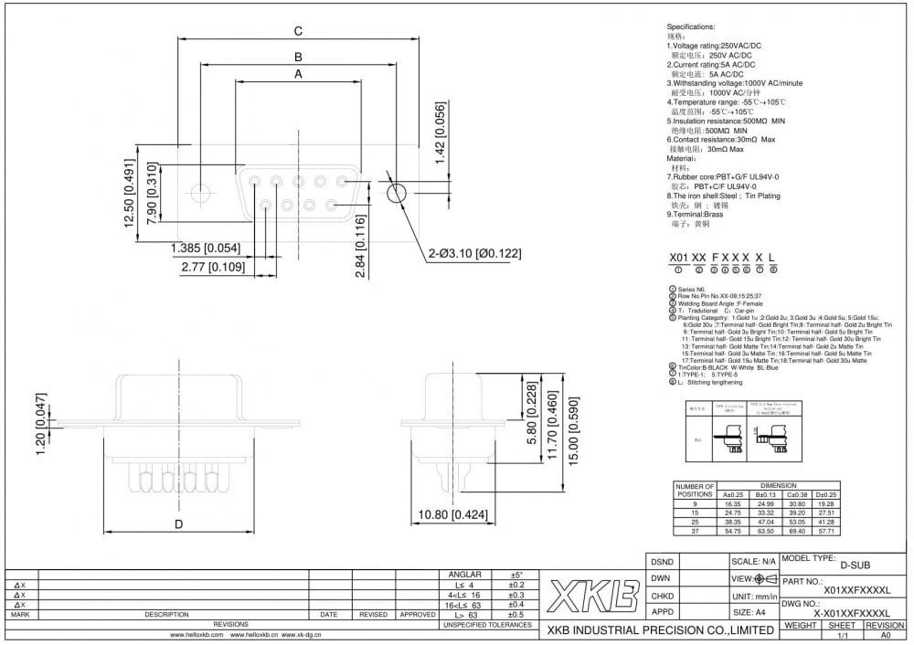 XKB Connection X0109FT12B1L technical drawing