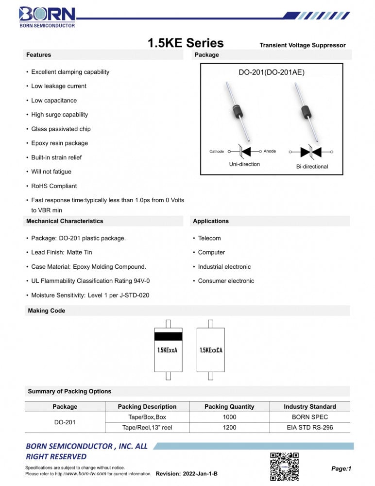 BORN 1.5KE series datasheet page 1