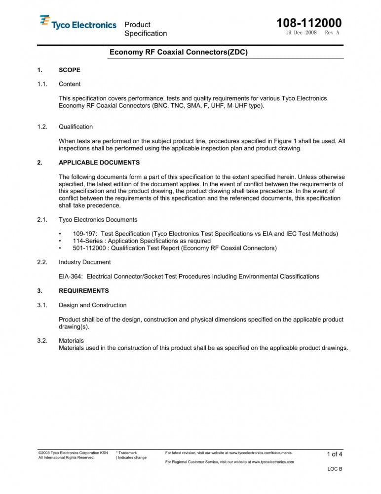 Economy RF Coaxial Connectors specification page 1