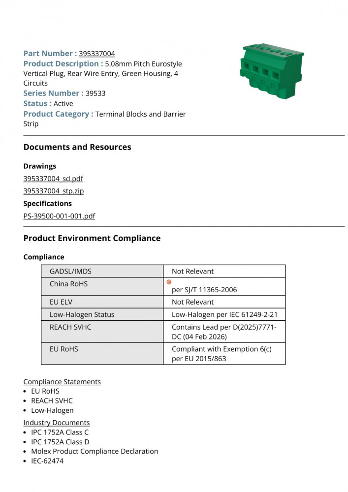 ESE Eurostyle terminal blocks product specification, page 1
