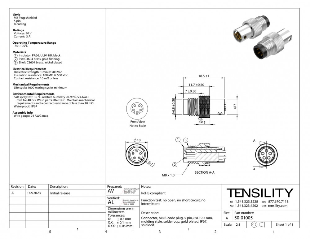 Tensility International 50-01005 M8 B-coded 5-pin plug product drawing