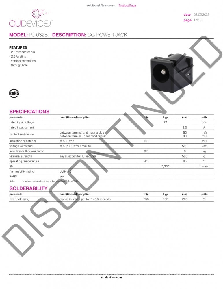 CUI PJ-032B datasheet page 1