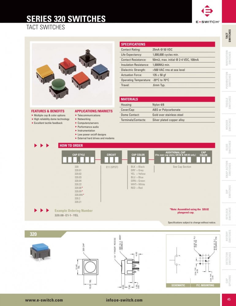 E-Switch 320 series documentation page 1
