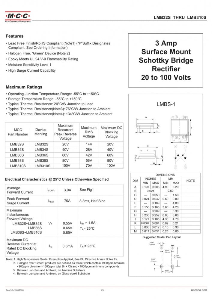MCC LMB310S-TP datasheet page 1