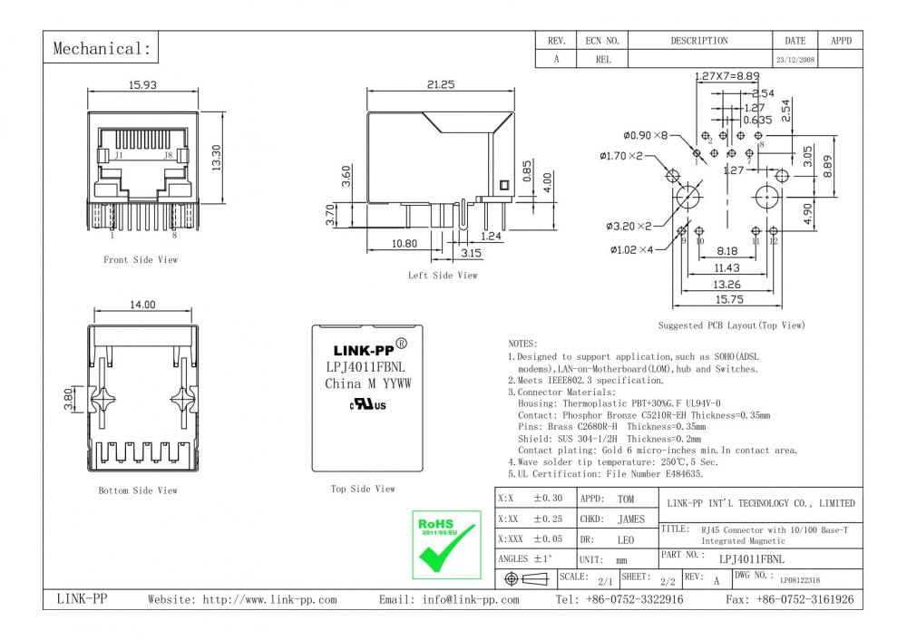 LPJ4011FBNL mechanical drawing and PCB layout