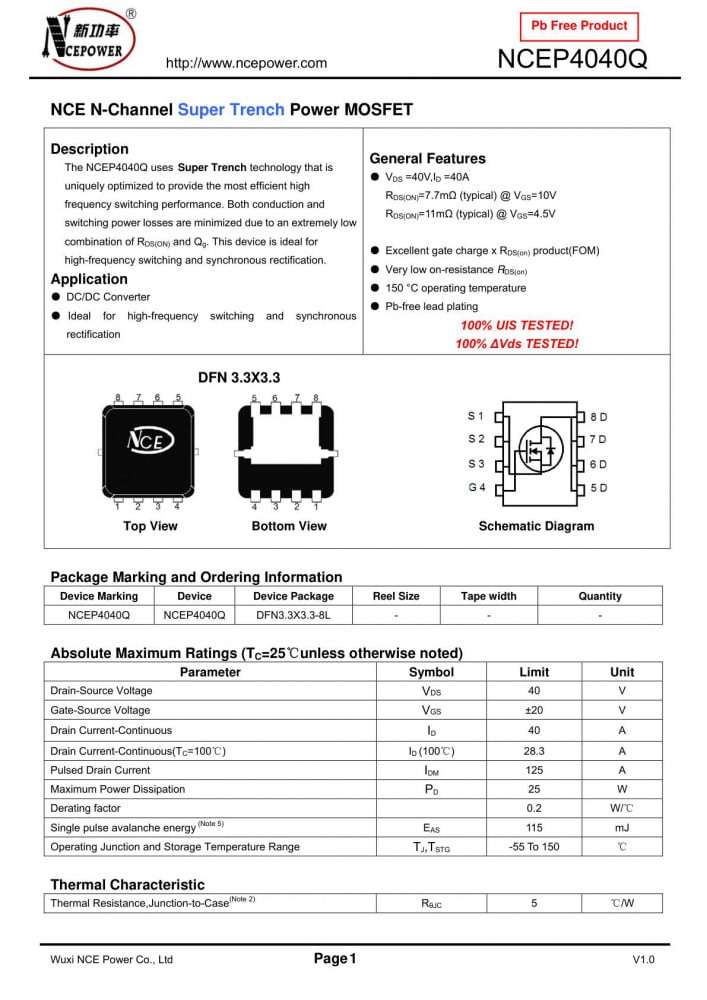 NCEP4040Q datasheet page 1