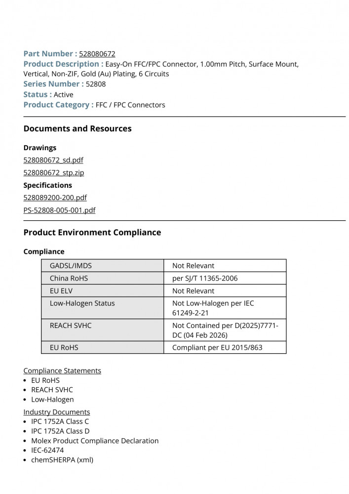 MOLEX 528080672 technical document preview, page 1