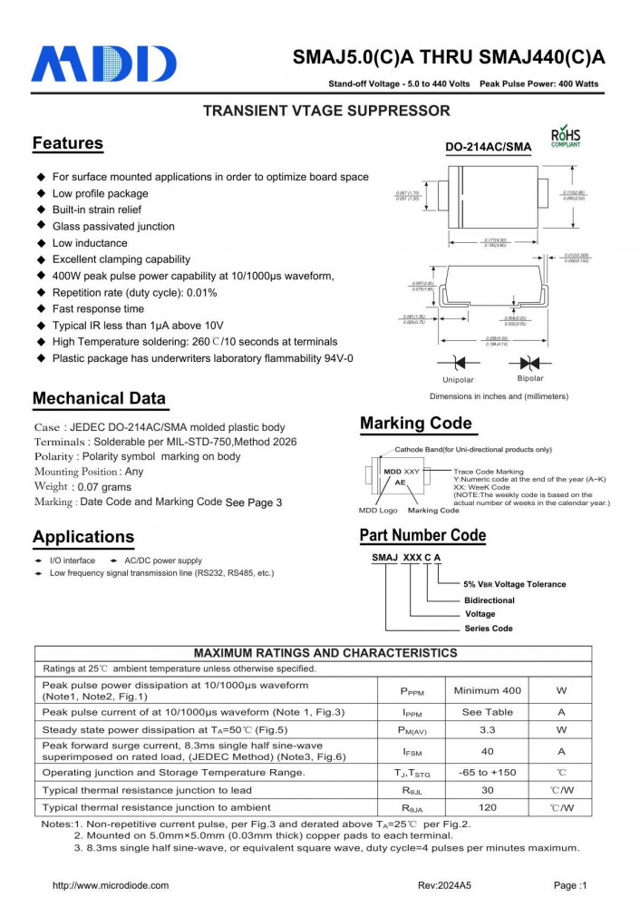 MDD SMAJ64A datasheet page 1