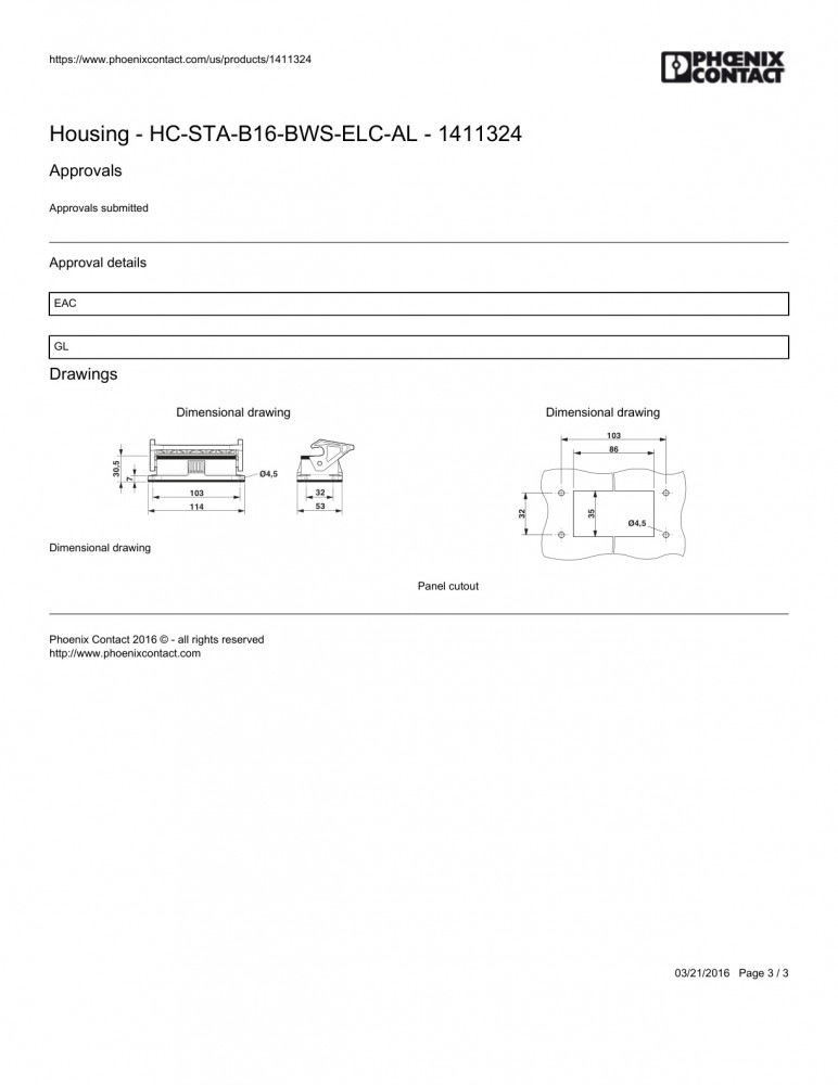 Phoenix Contact 1411324 panel cutout drawing