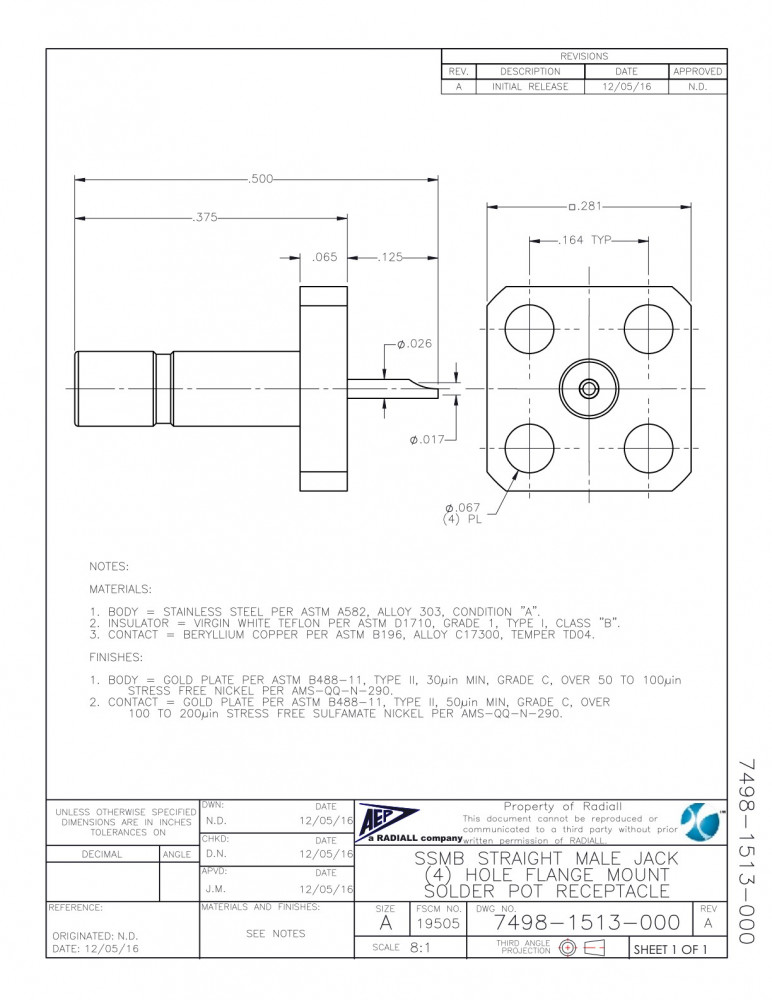 Radiall drawing visual for model 7498-1513-000