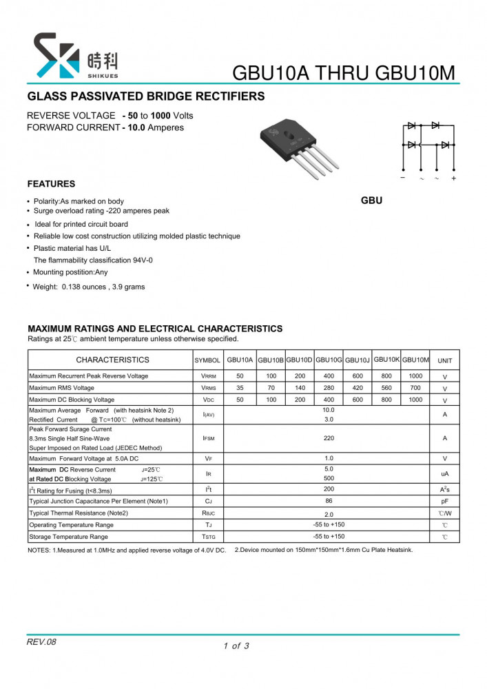 GBU10K datasheet page 1