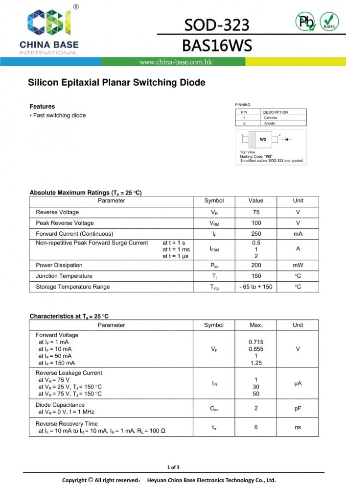 CBI BAS16WS datasheet page 1