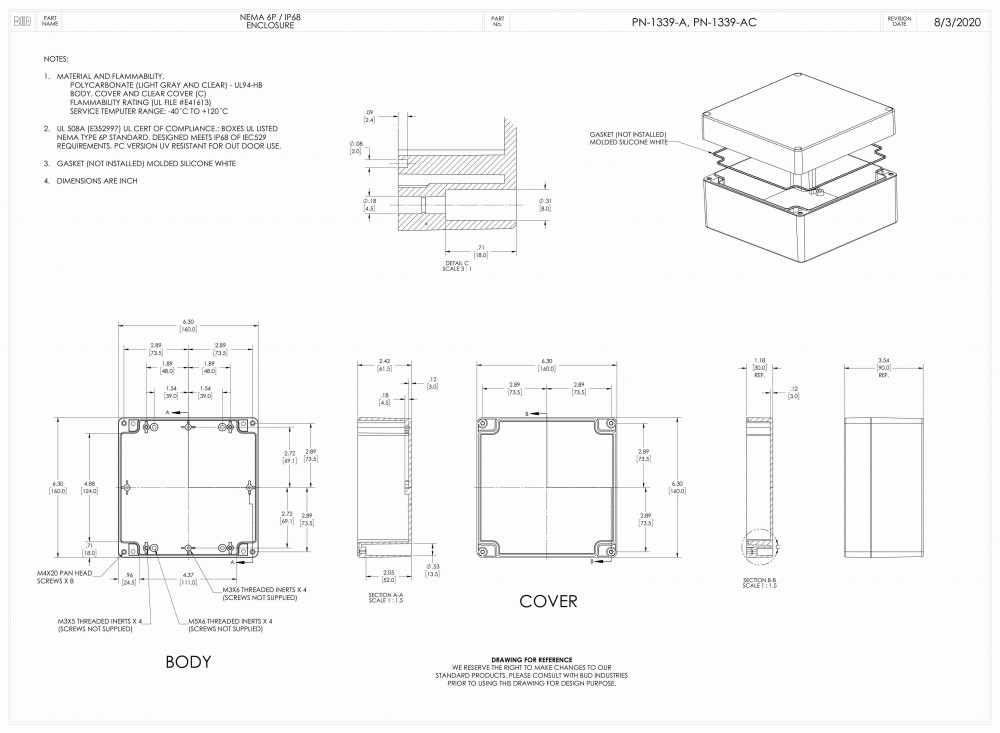 Bud Industries PN-1339-A enclosure technical drawing and product notes