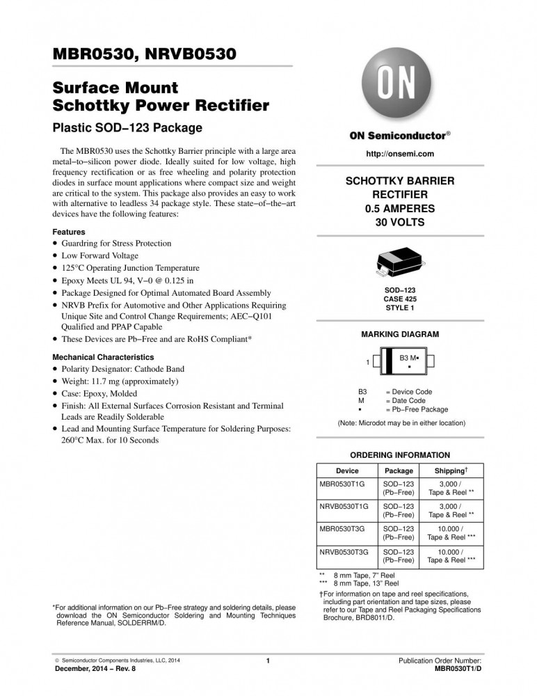 MBR0530T1G datasheet page 1