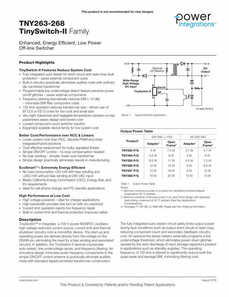 TNY267PN technical document page 1
