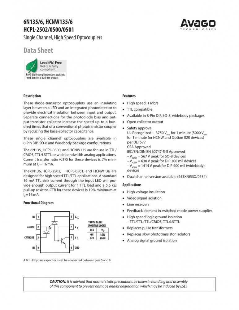 HCNW136-500E datasheet page 1