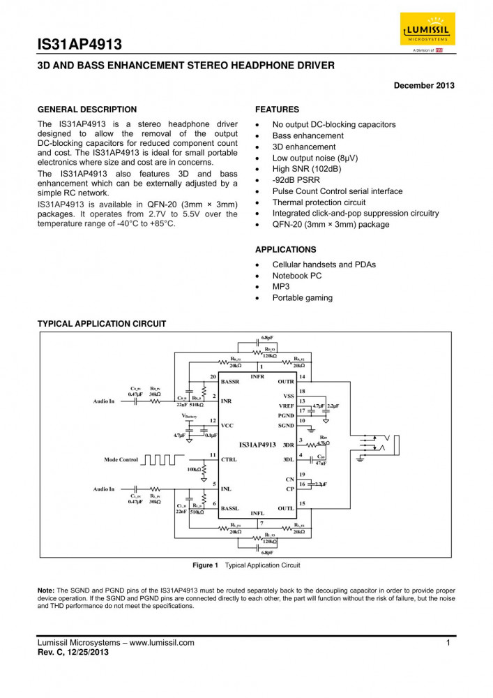 IS31AP4913 datasheet page 1