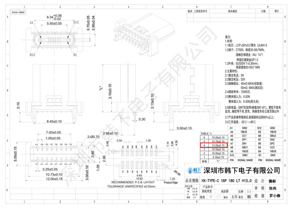 HX-TYPE-C 16P 180 LT H13.0 technical document preview