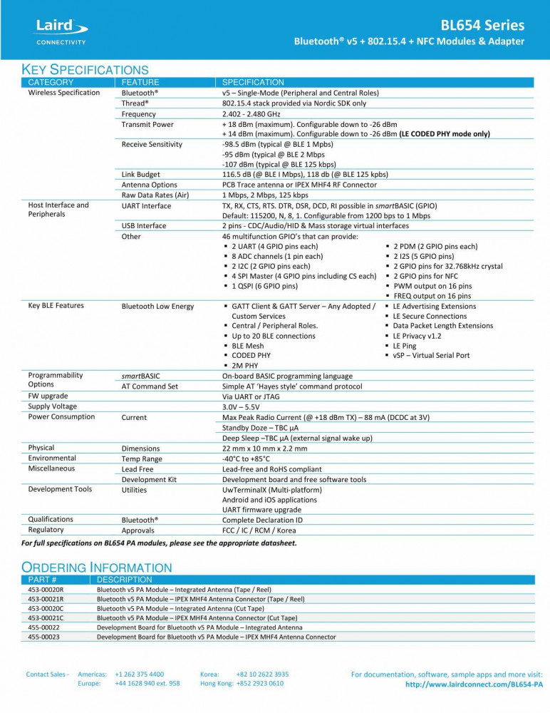 Laird BL654 PA technical document page 2