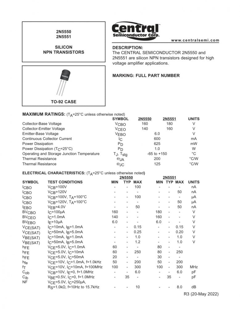 Central 2N5551 datasheet page 1